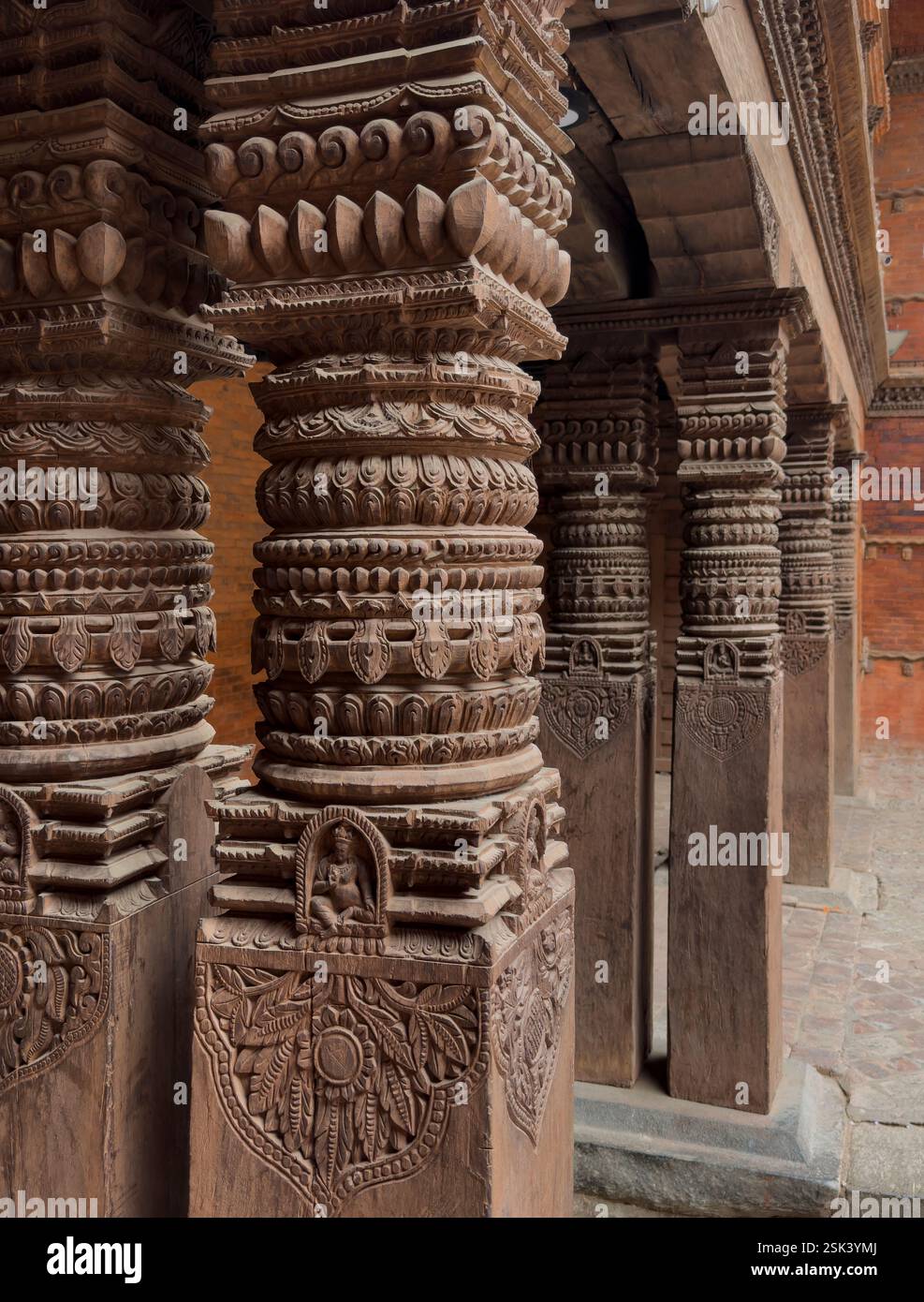 Carved wooden pillars in the Hanuman Dhoka Royal Palace in Durbar ...