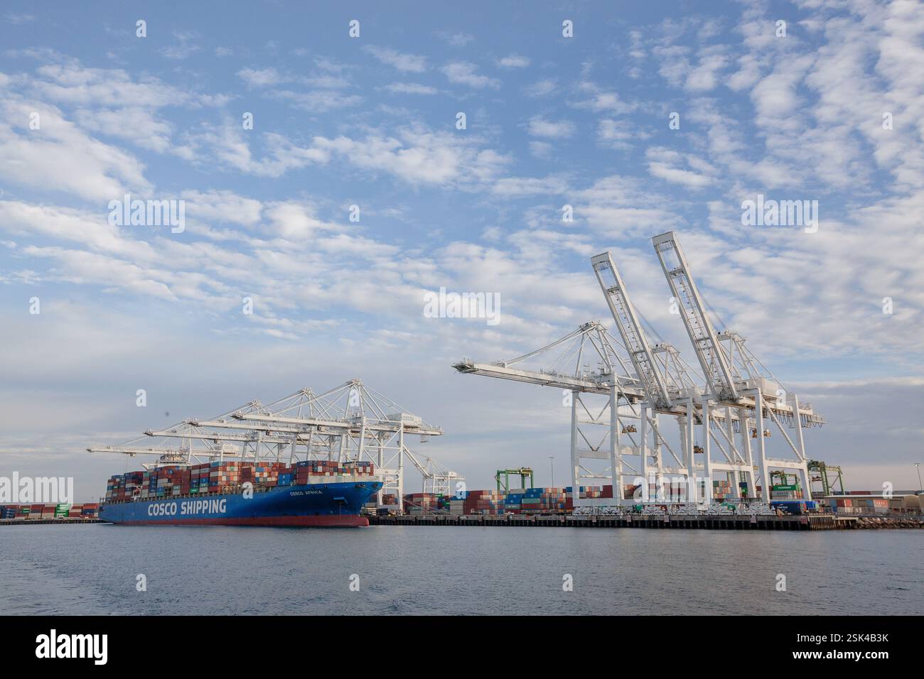 A COSCO cargo ship at the Port of Long Beach, Long Beach, CA Stock ...
