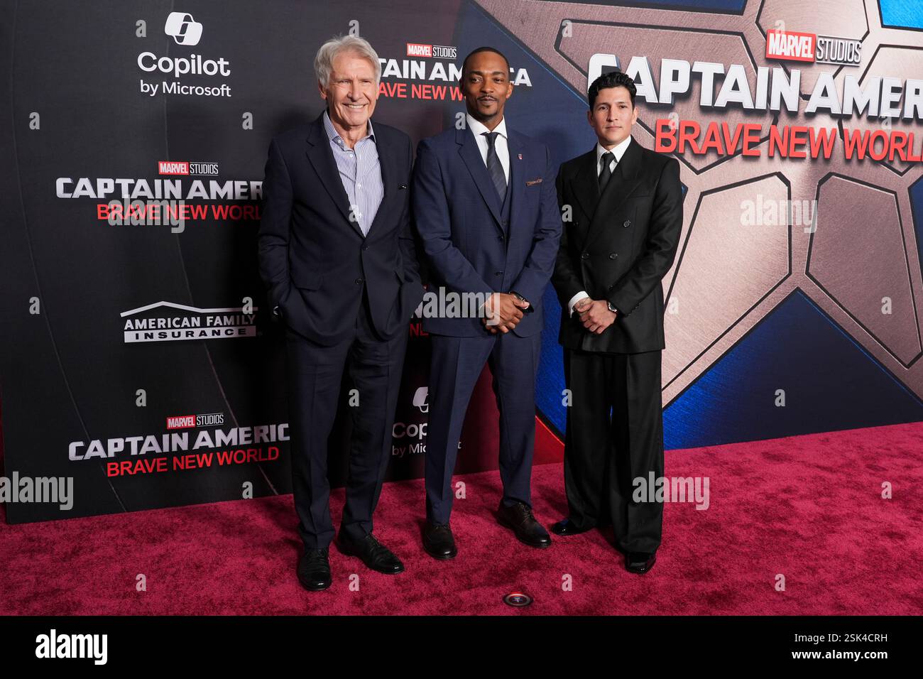 Harrison Ford, from left, Anthony Mackie, and Danny Ramirez arrive at ...