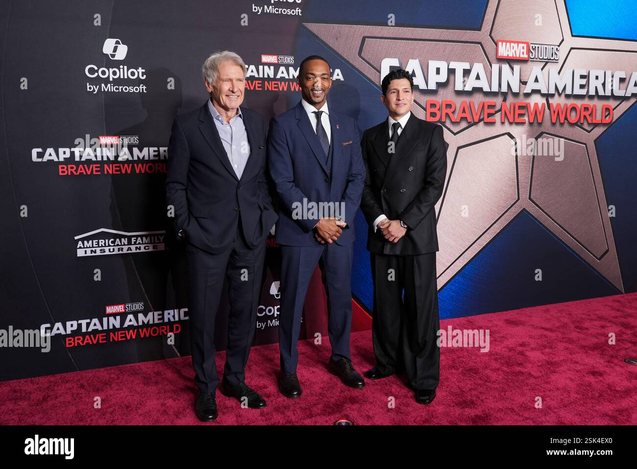 Harrison Ford, from left, Anthony Mackie, and Danny Ramirez arrive at ...