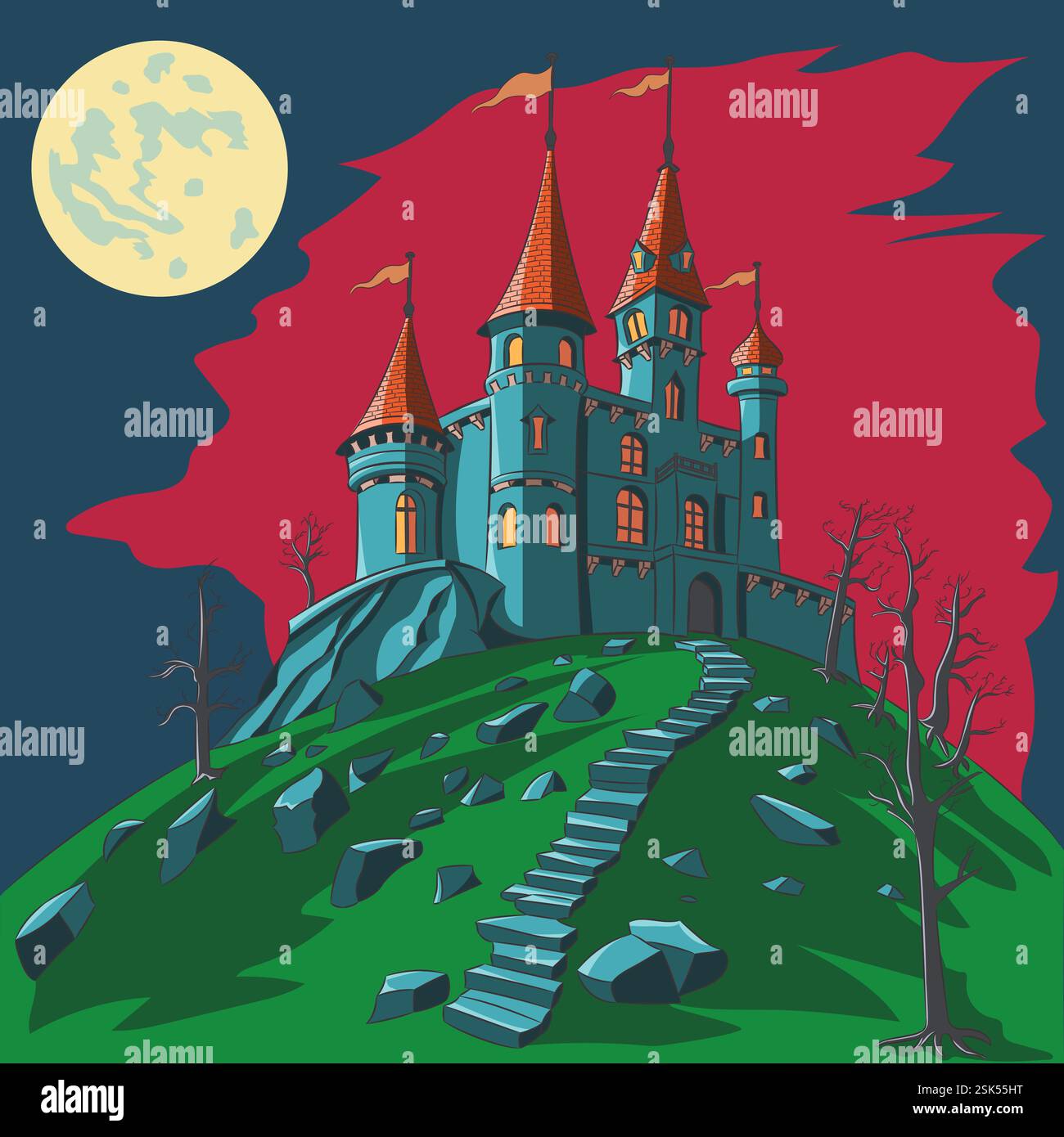 Vector illustration of a creepy medieval fairytale castle on a hill at ...