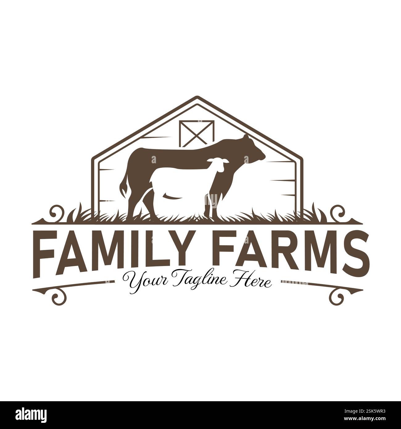 Vintage style logo with silhouette of cow and sheep in front of a barn ...