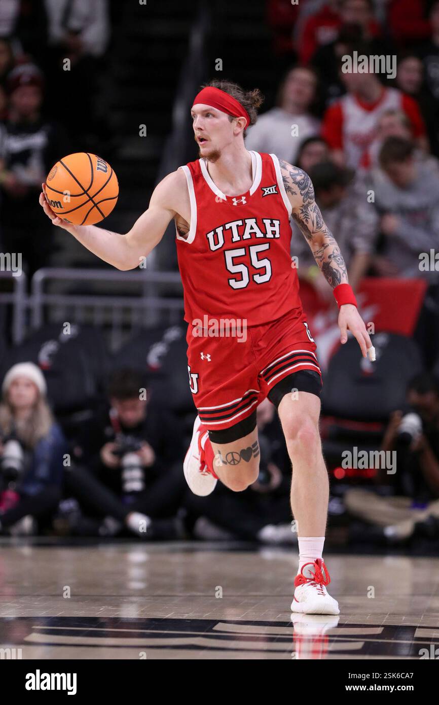 CINCINNATI, OH - FEBRUARY 11: Utah Utes guard Gabe Madsen (55) controls ...