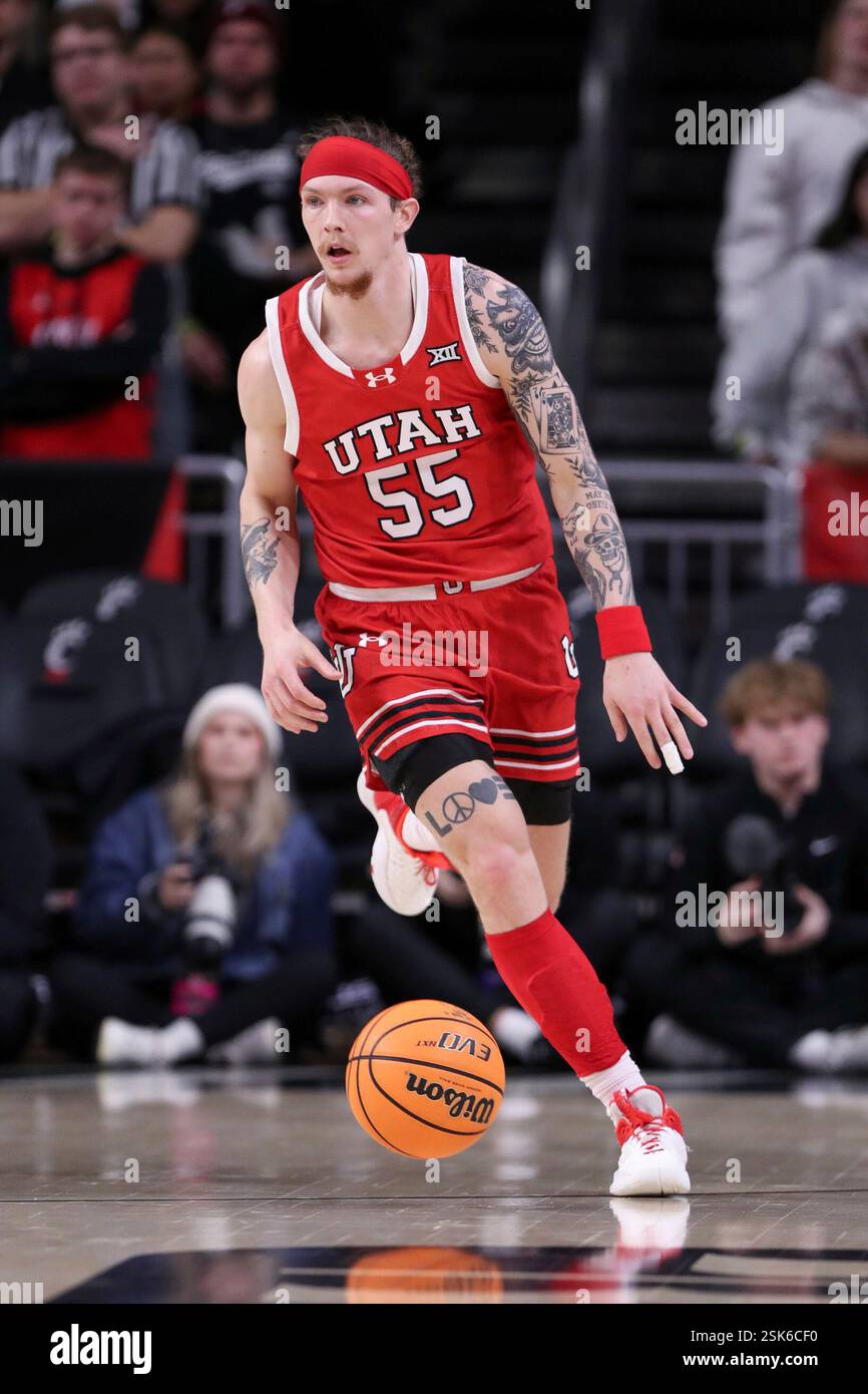 CINCINNATI, OH - FEBRUARY 11: Utah Utes guard Gabe Madsen (55) controls ...