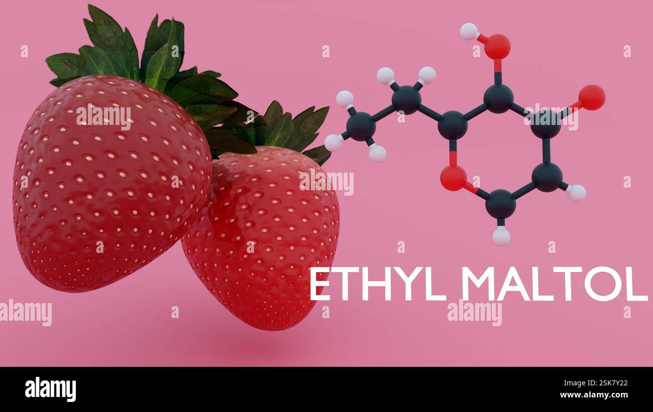 3D rendering of floating ethyl maltol molecules and strawberry. It has ...