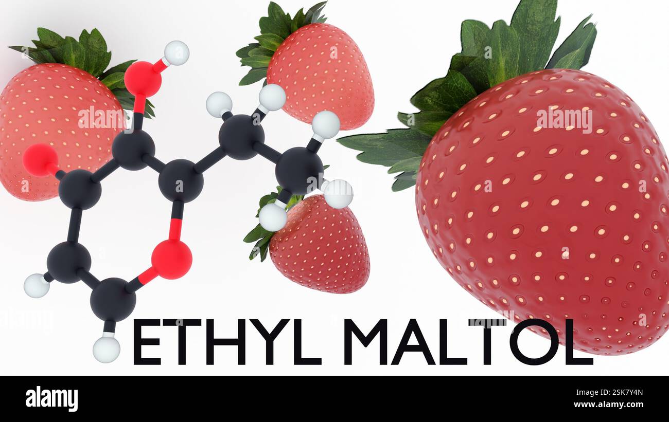 3D rendering of floating ethyl maltol molecules and strawberry. It has ...