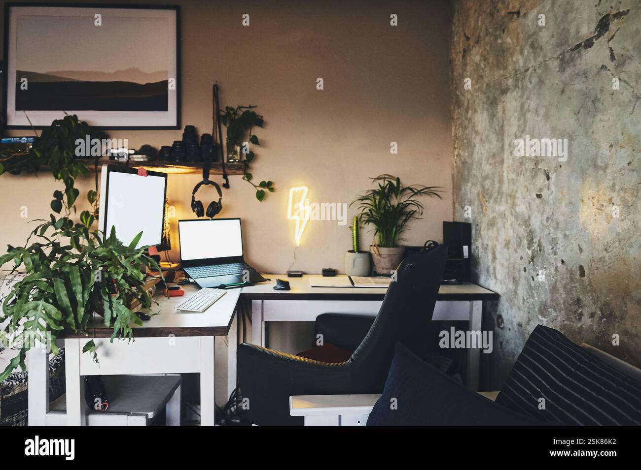 Empty, workstation and laptop on furniture, screen and equipment for ...