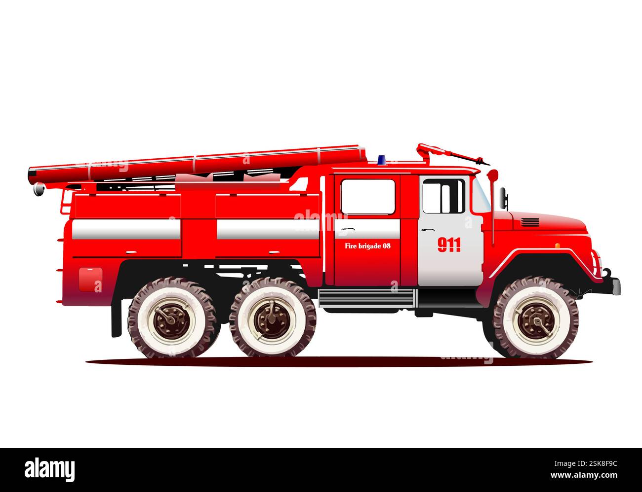 Fire engine on city background. Hand drawn Vector illustrationv Stock ...