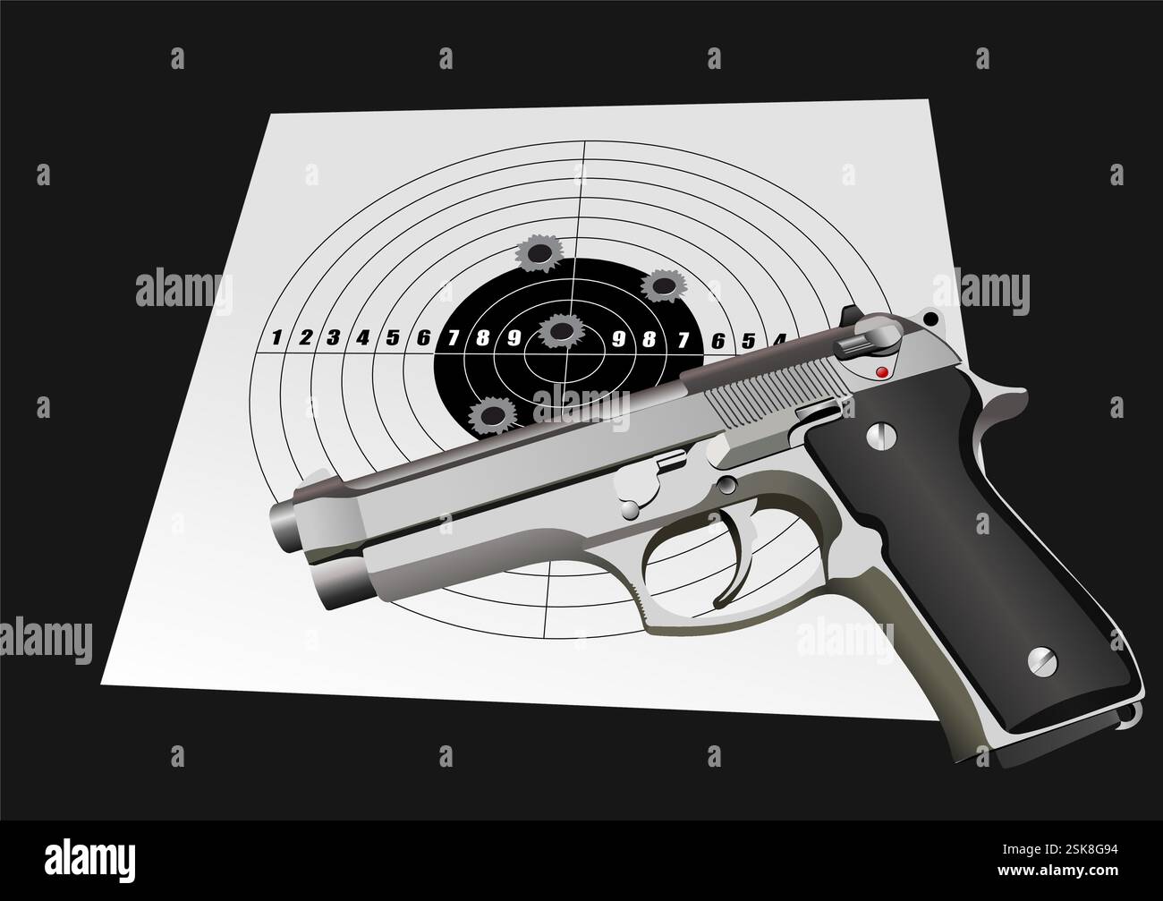 Used shooting target with traces of hit bullets and pistol image. 3d ...