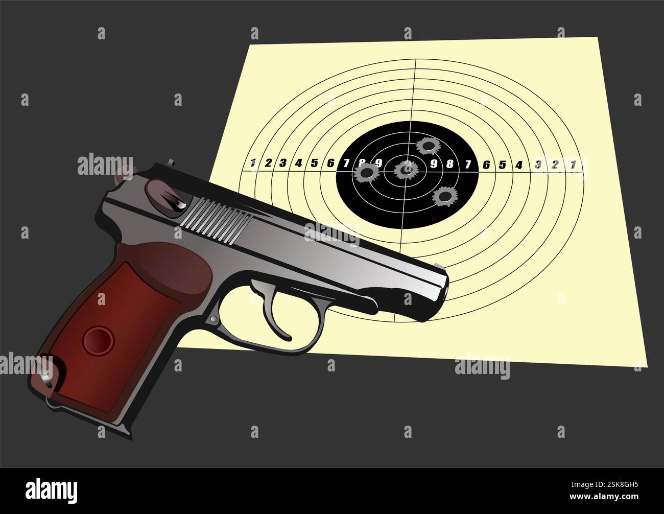 Used shooting target with traces of hit bullets and pistol image. 3d ...
