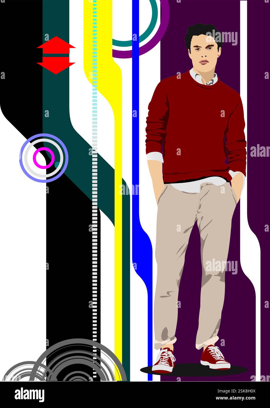 Handsome man silhouette on hi-tech background. 3d vector hand drawn ...
