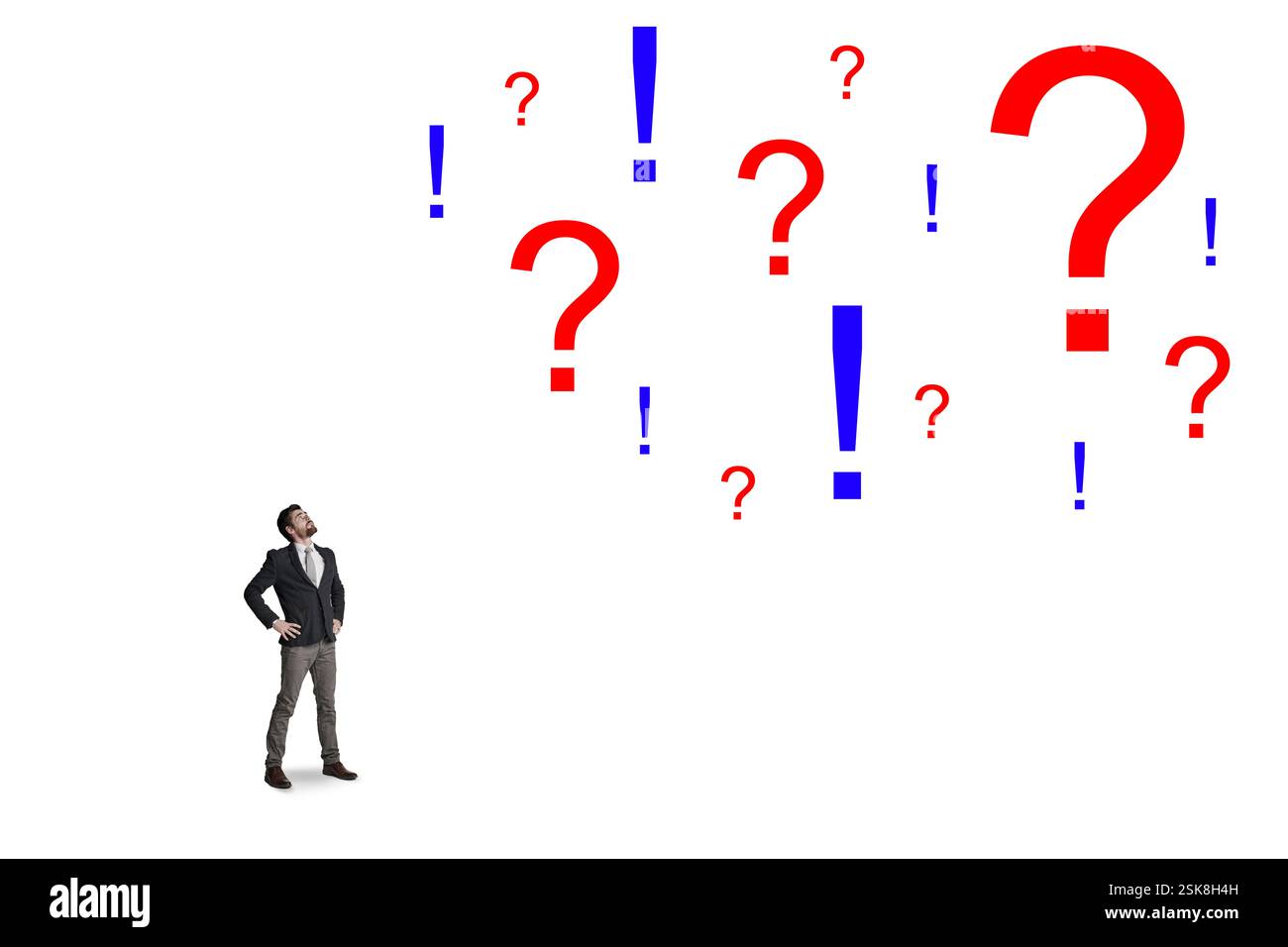 Man, question marks and employee thinking in studio, stock worker and ...