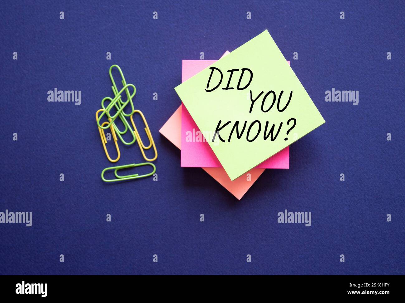 Did you know symbol. Yellow steaky note with paper clips with words Did ...