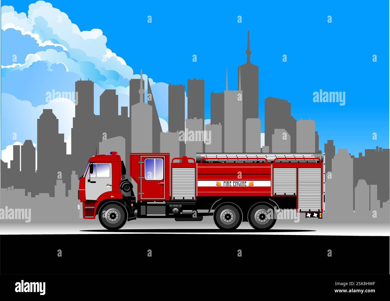 Fire engine on city background. Hand drawn Vector illustration Stock ...