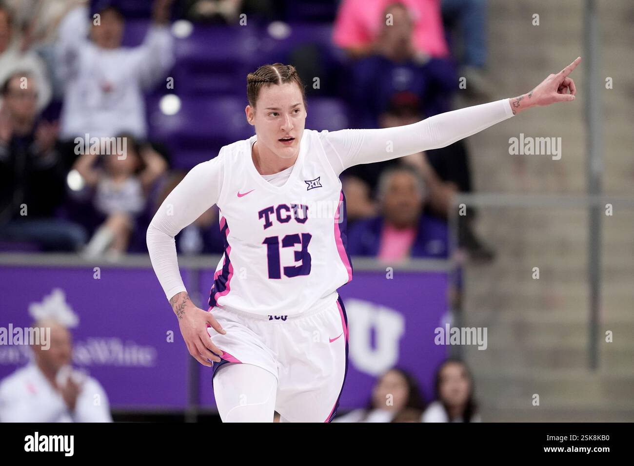 TCU's Sedona Prince celebrates during an NCAA college basketball game ...