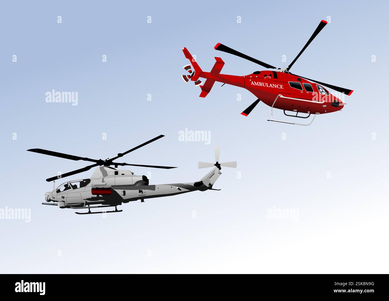 Two Ambulance and army helicopter. Vector 3d hand drawn illustration ...