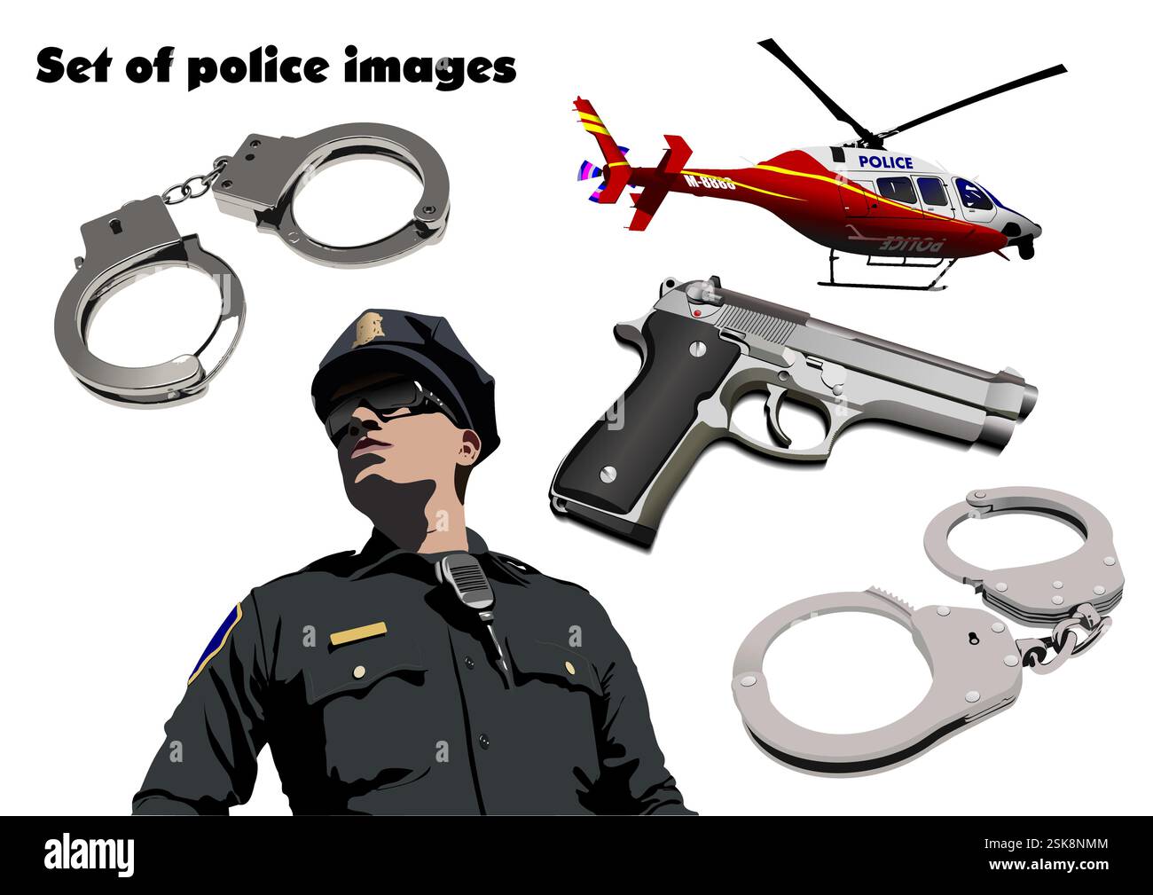 Set of police with policeman, helicopter, pistols and handcuffs images ...