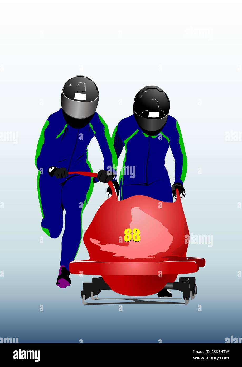 Two men team bobsleigh. 3d vector color hand drawn illustration Stock ...