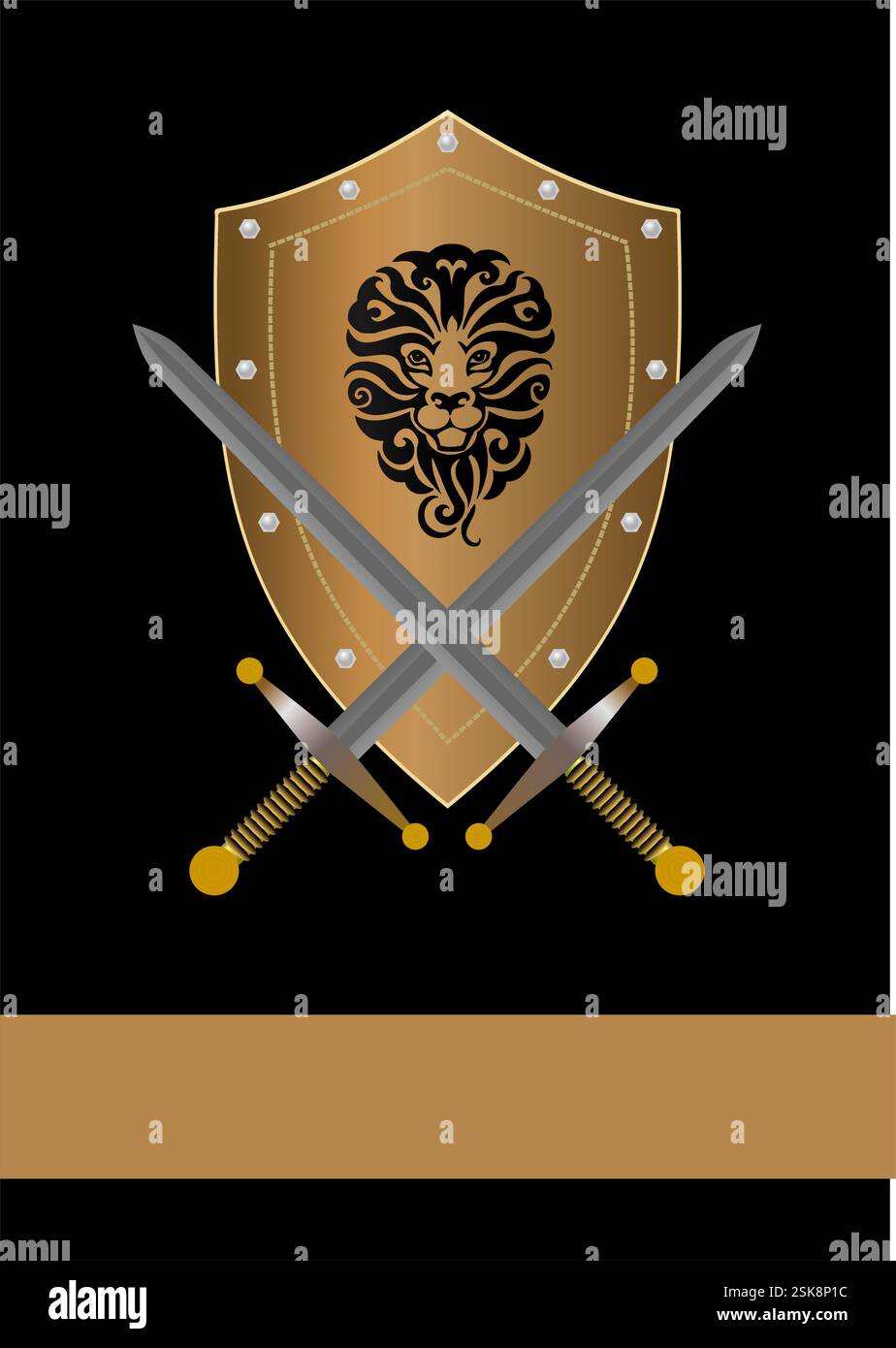 Heraldic composition. A knightly shield and swords on a black ...