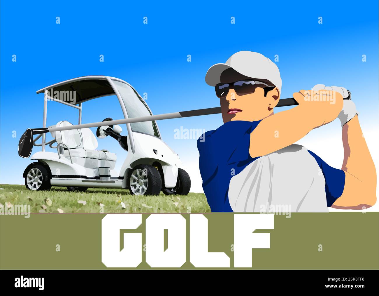 Golf club background with golfer and electric car. Vector 3d hand drawn ...