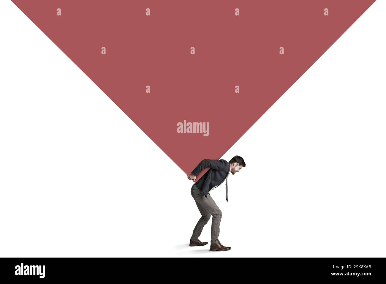 Man, pyramid and business investment crisis by white background for ...