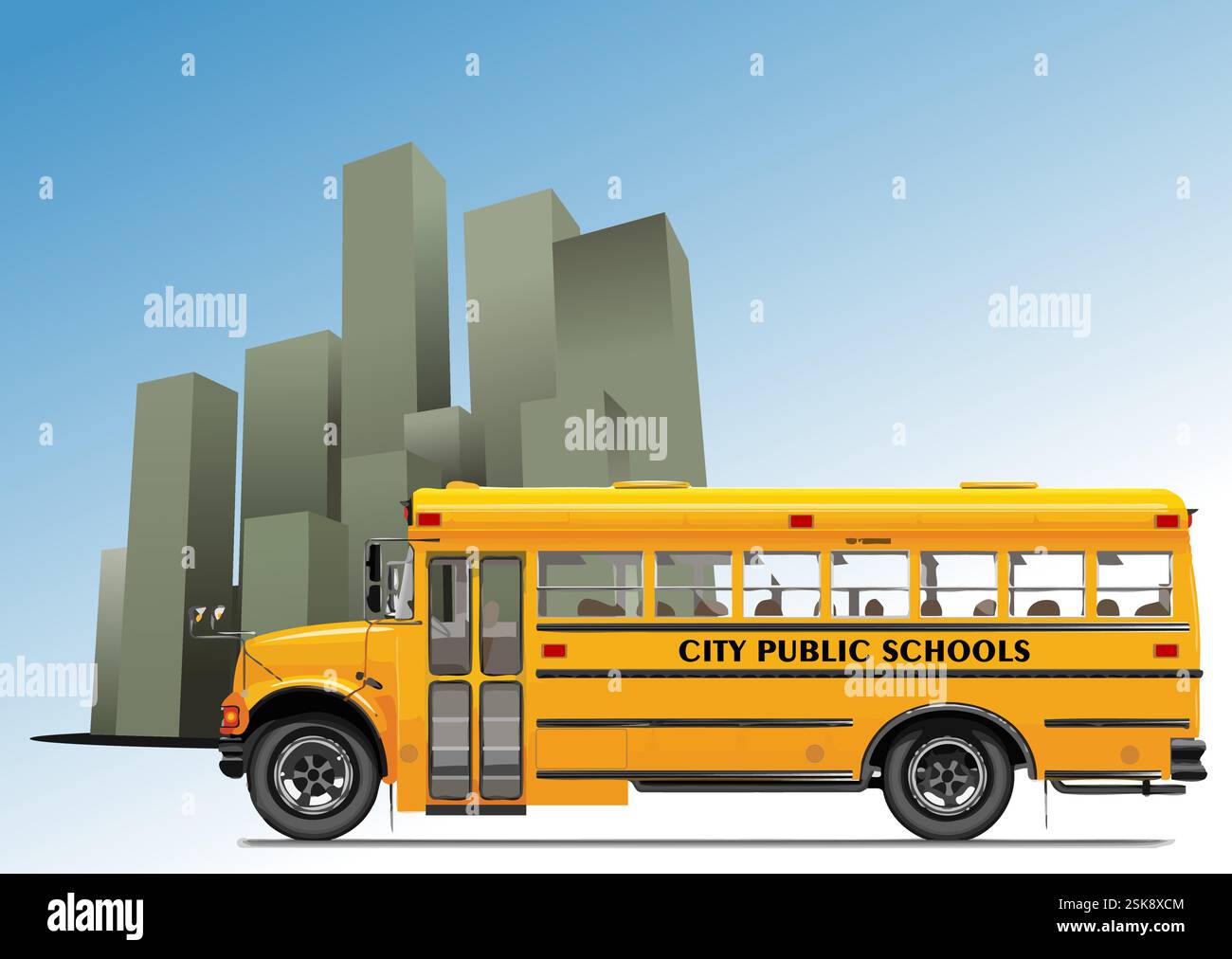 Yellow school bus on abstract city background. Vector 3d hand drawn ...