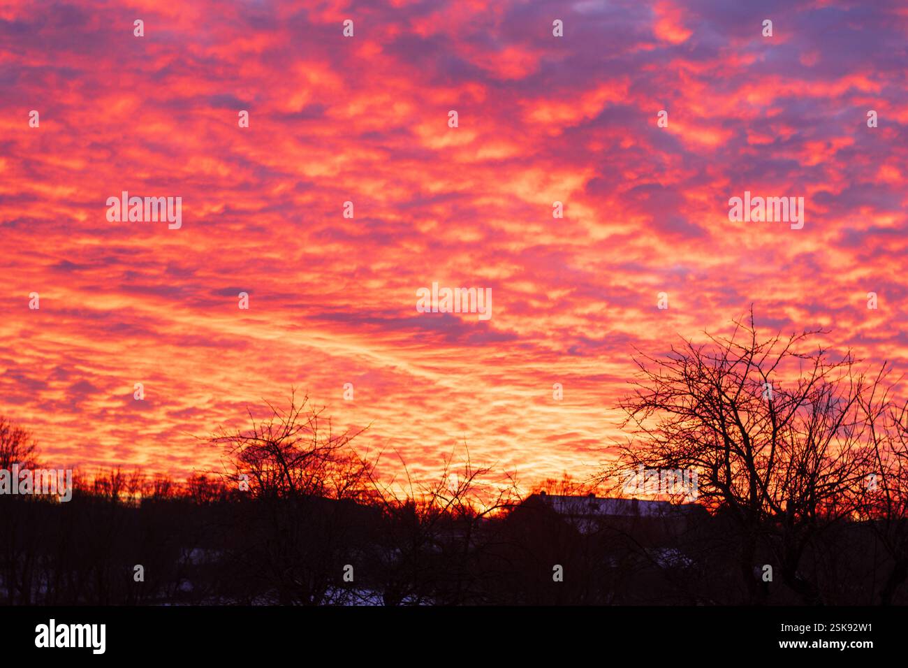 Stunning sunset with vibrant red, orange, and pink hues illuminating ...