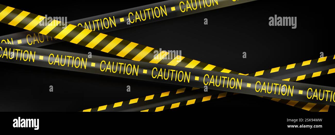 Caution tape with black and yellow stripes on dark background. Diagonal ...