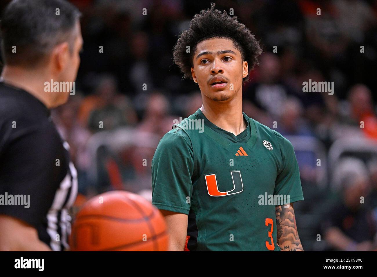 CORAL GABLES, FL - FEBRUARY 11: Miami guard Jalil Bethea (3) speaks ...