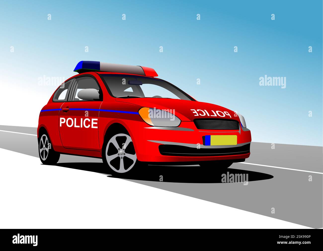 Police car on city panorama background. Hand drawn Vector illustration ...