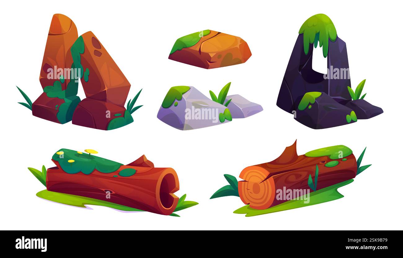 Mossy rocks and fallen logs collection with cartoon game environment ...