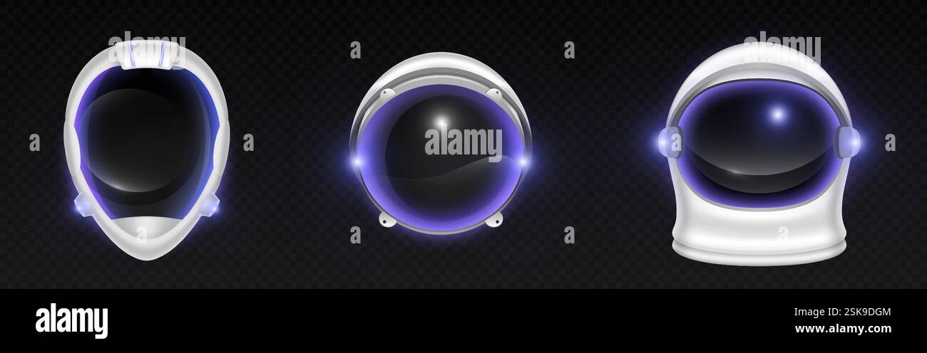 3d astronaut helmet collection with glowing blue neon rim around dark ...