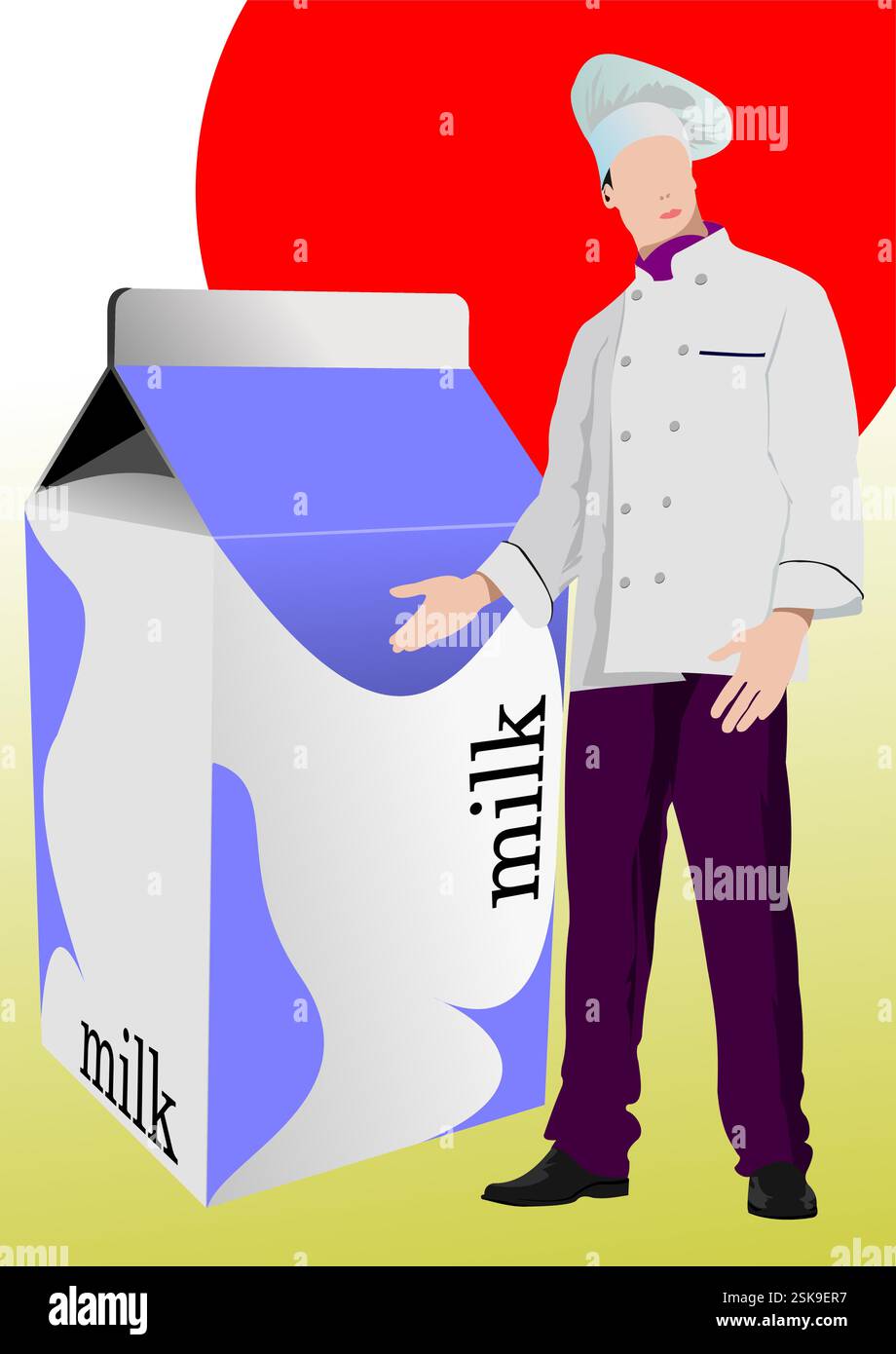 Full Body Chef with package of milk. 3d vector hand drawn illustration ...