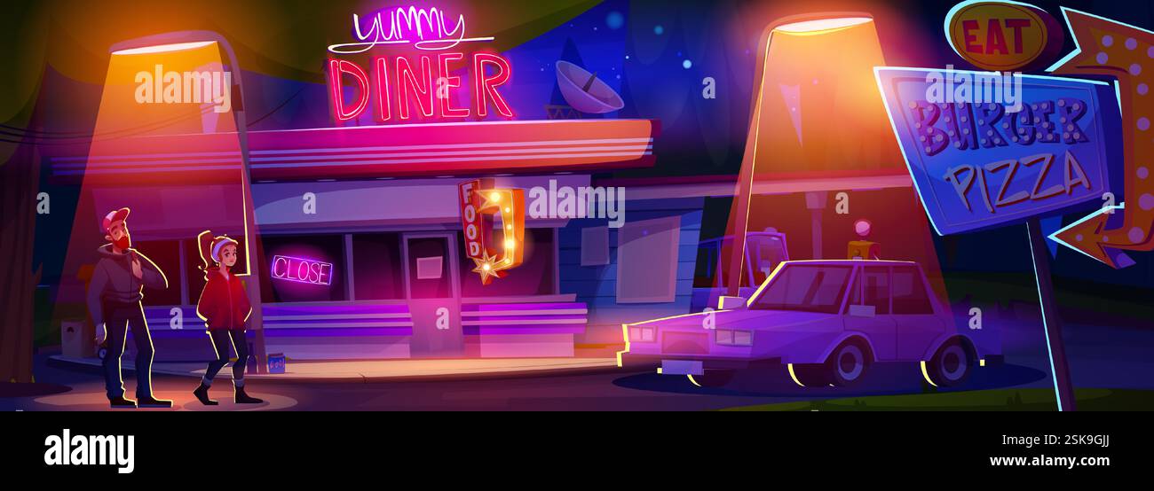 Cartoon diner cafe at night with people near closed establishment ...
