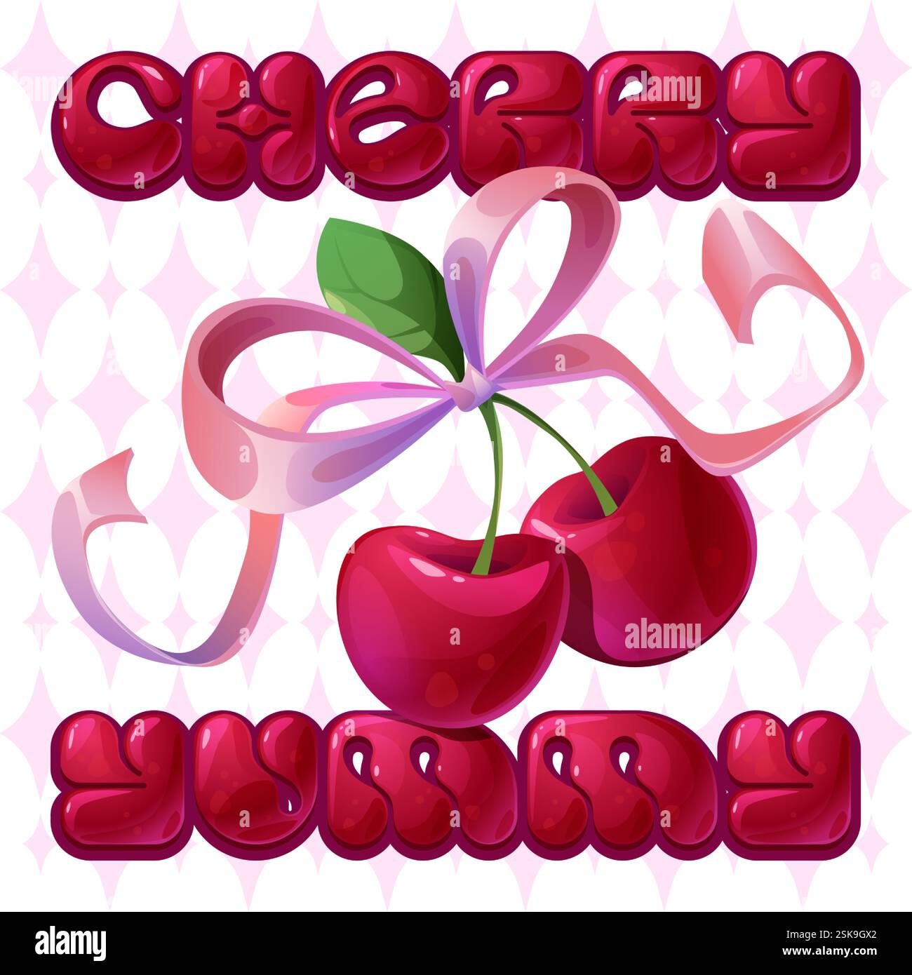 Cherry Yummy text design with ripe red berries and pink ribbon bow ...