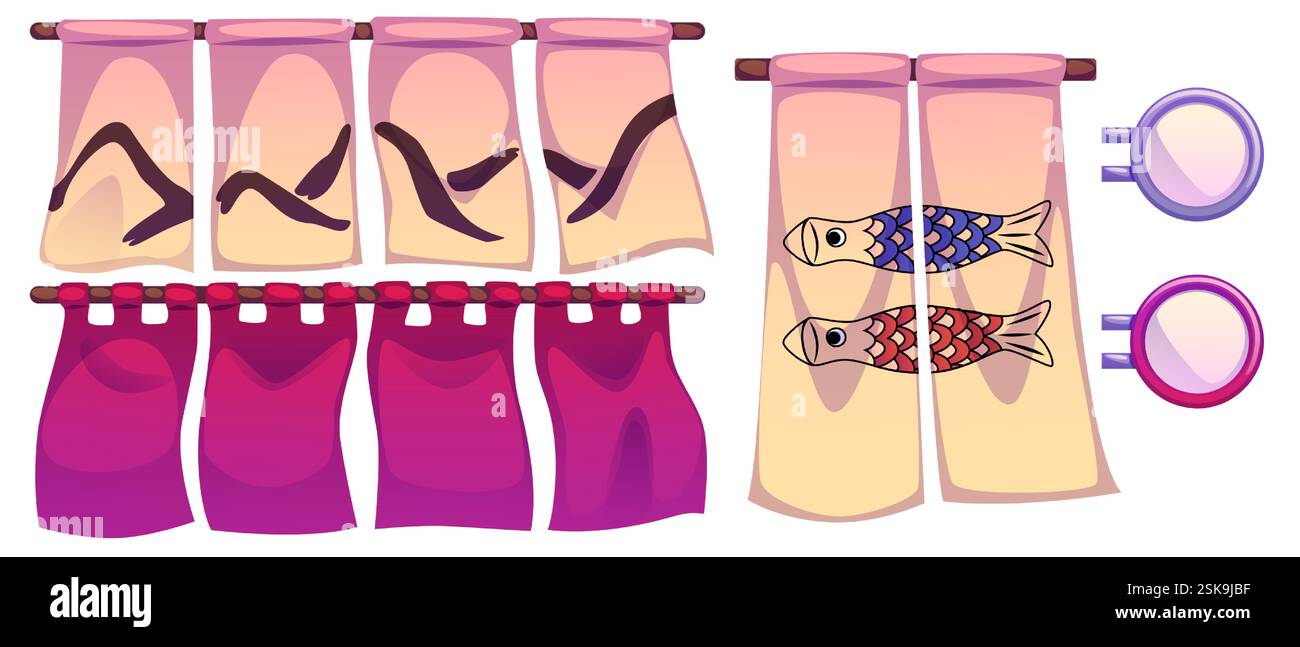 Japanese curtains set isolated on white background. Vector cartoon ...