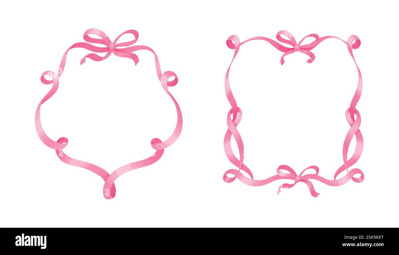 Coquette pink ribbon frames with elegant bows - delicate curled borders ...