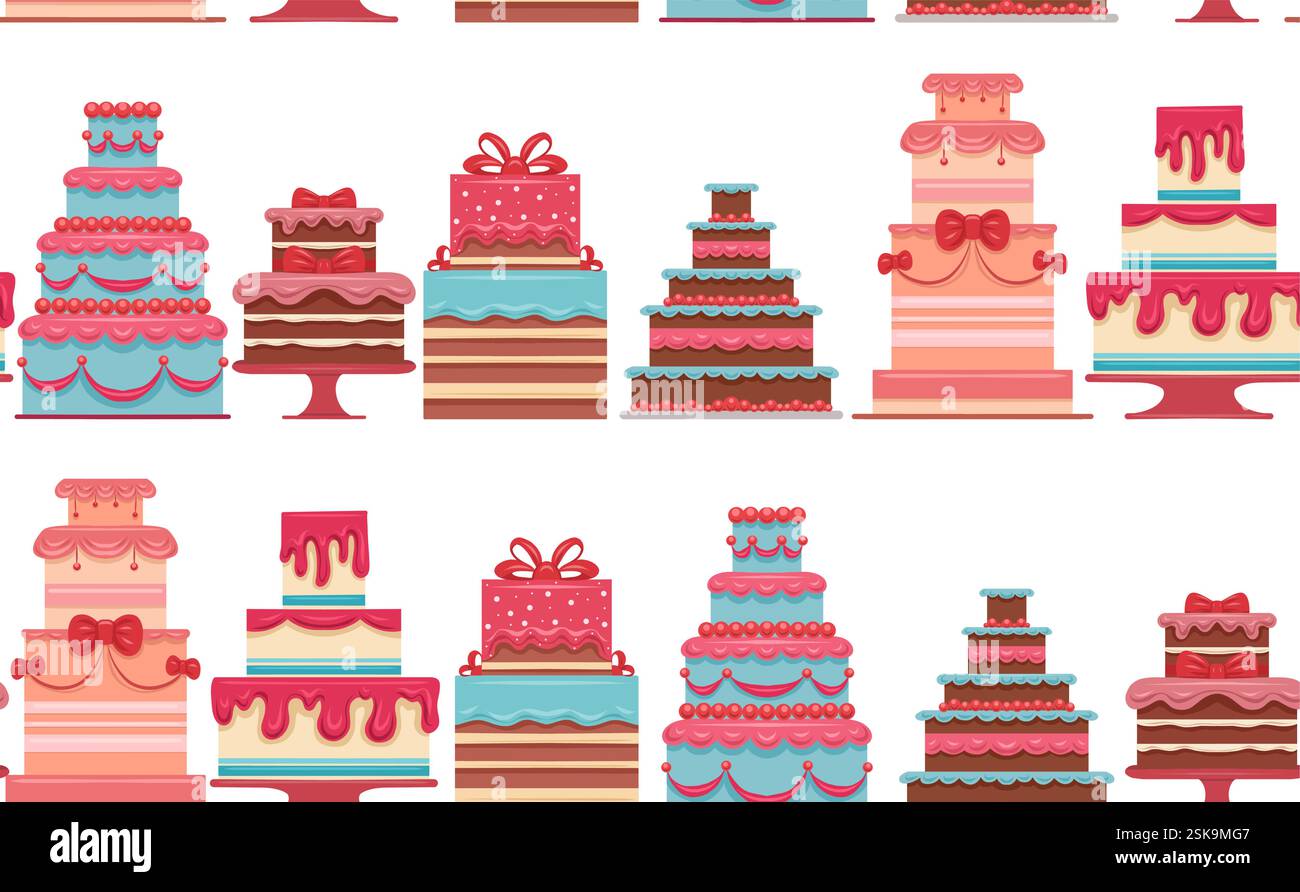 Vector seamless pattern with cakes on horizontal shelves on white ...