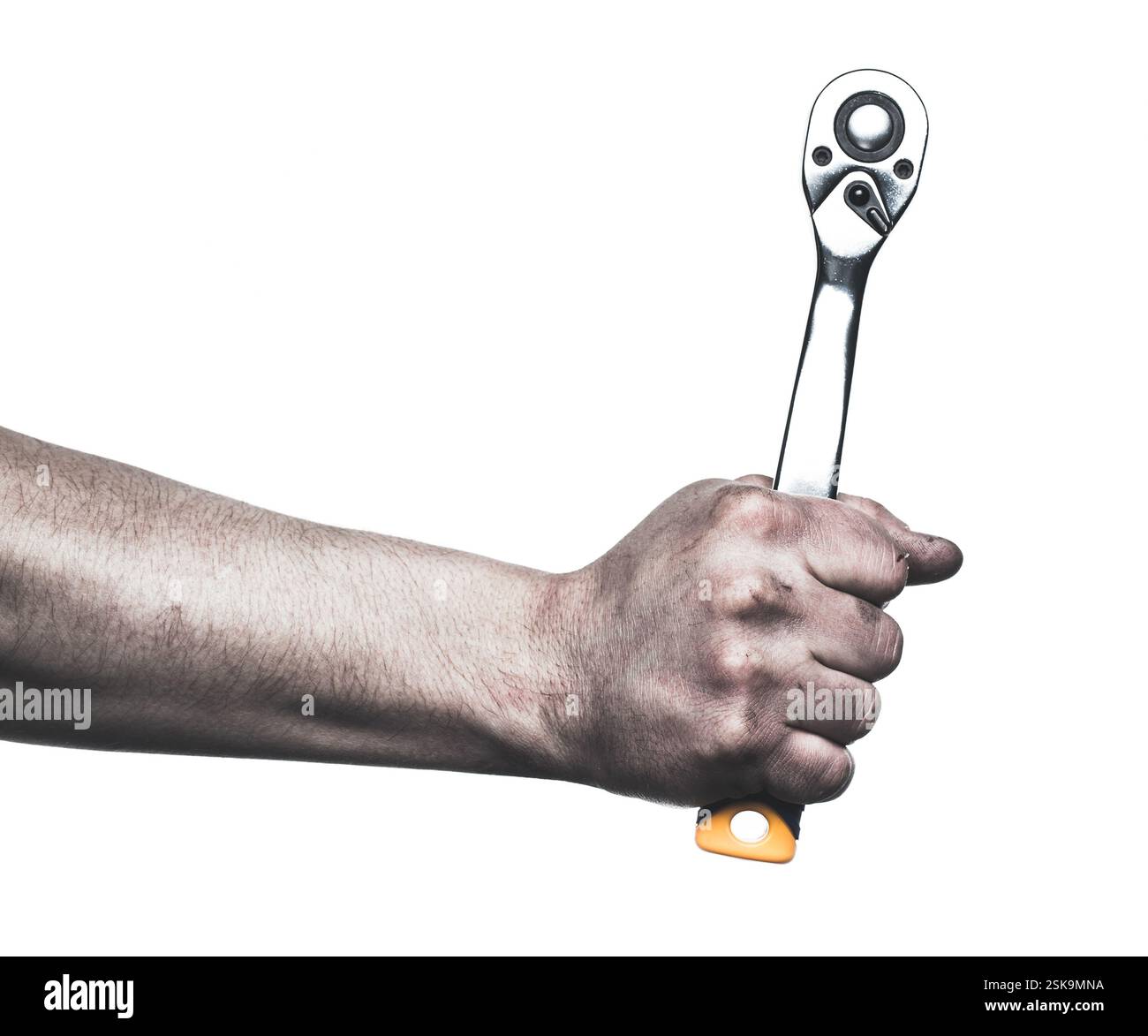 Strong hand gripping a ratchet tool against a clean background during a ...