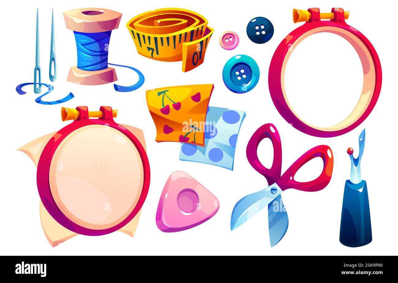 Cartoon sewing set with hoops, scissors, measuring tape and thread ...