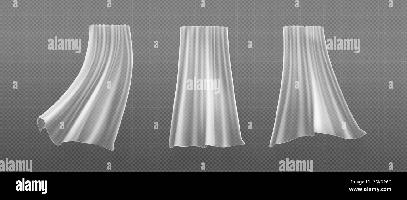 Curtain window wind simulation - transparent white fabric movement. Billowing drapery set of ...