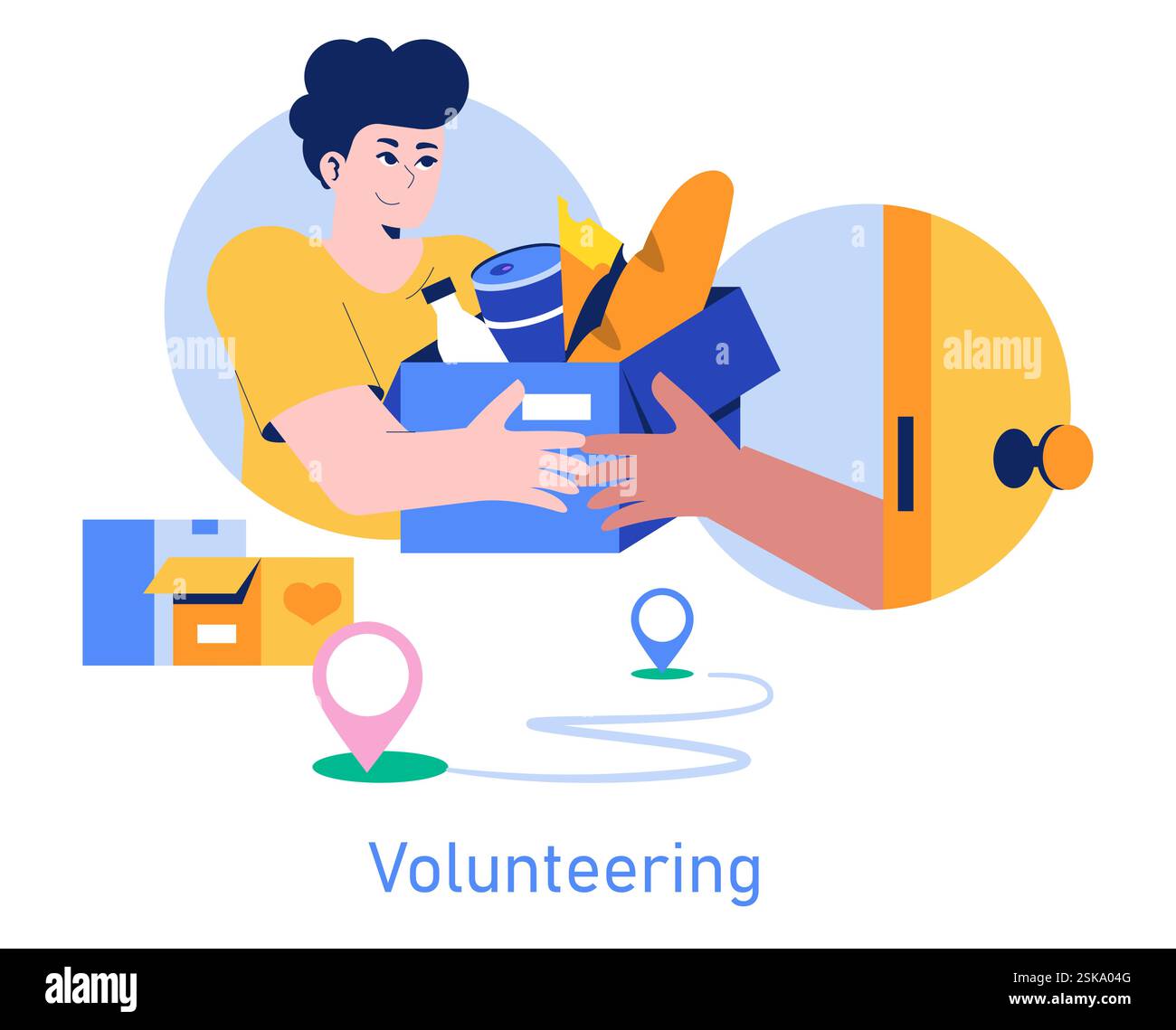 Care Day concept. Smiling volunteer donates essential goods ...