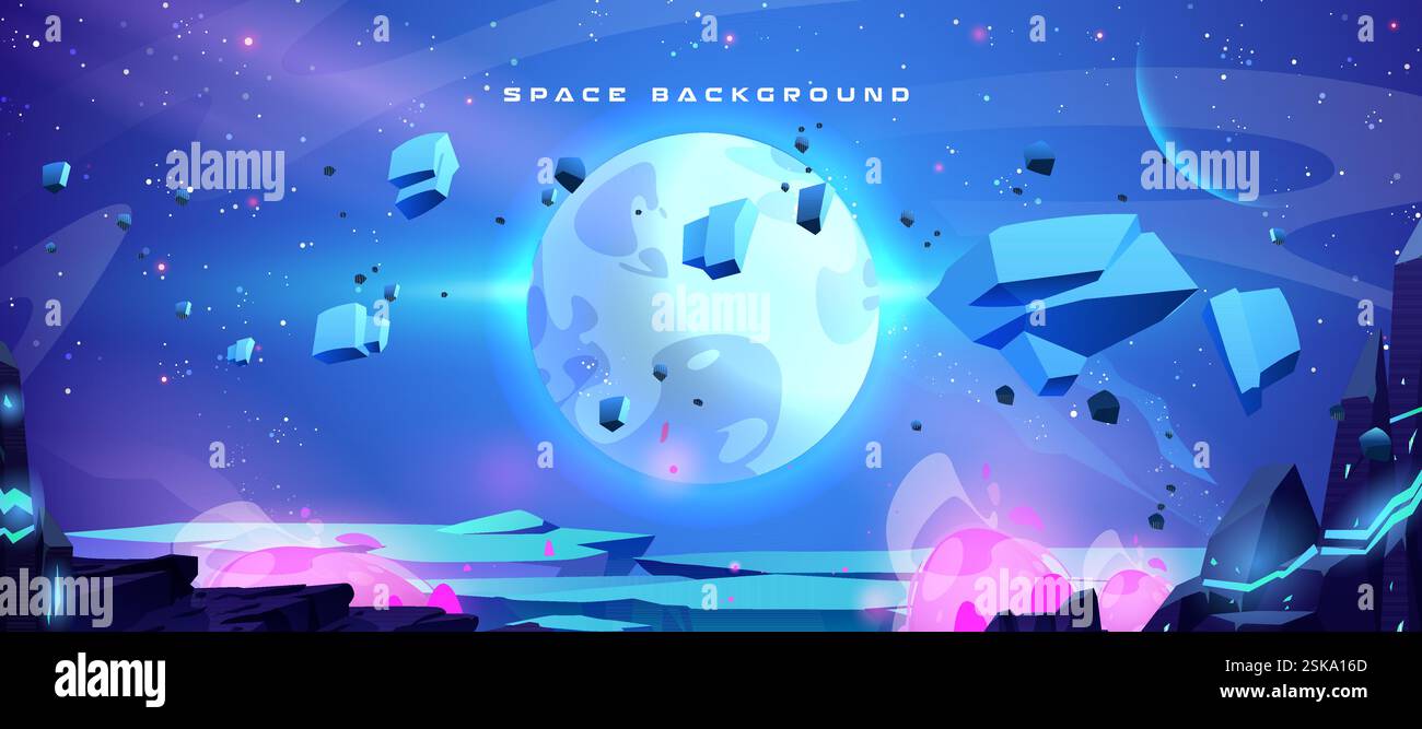 Blue space background with planet surface. Vector cartoon illustration ...