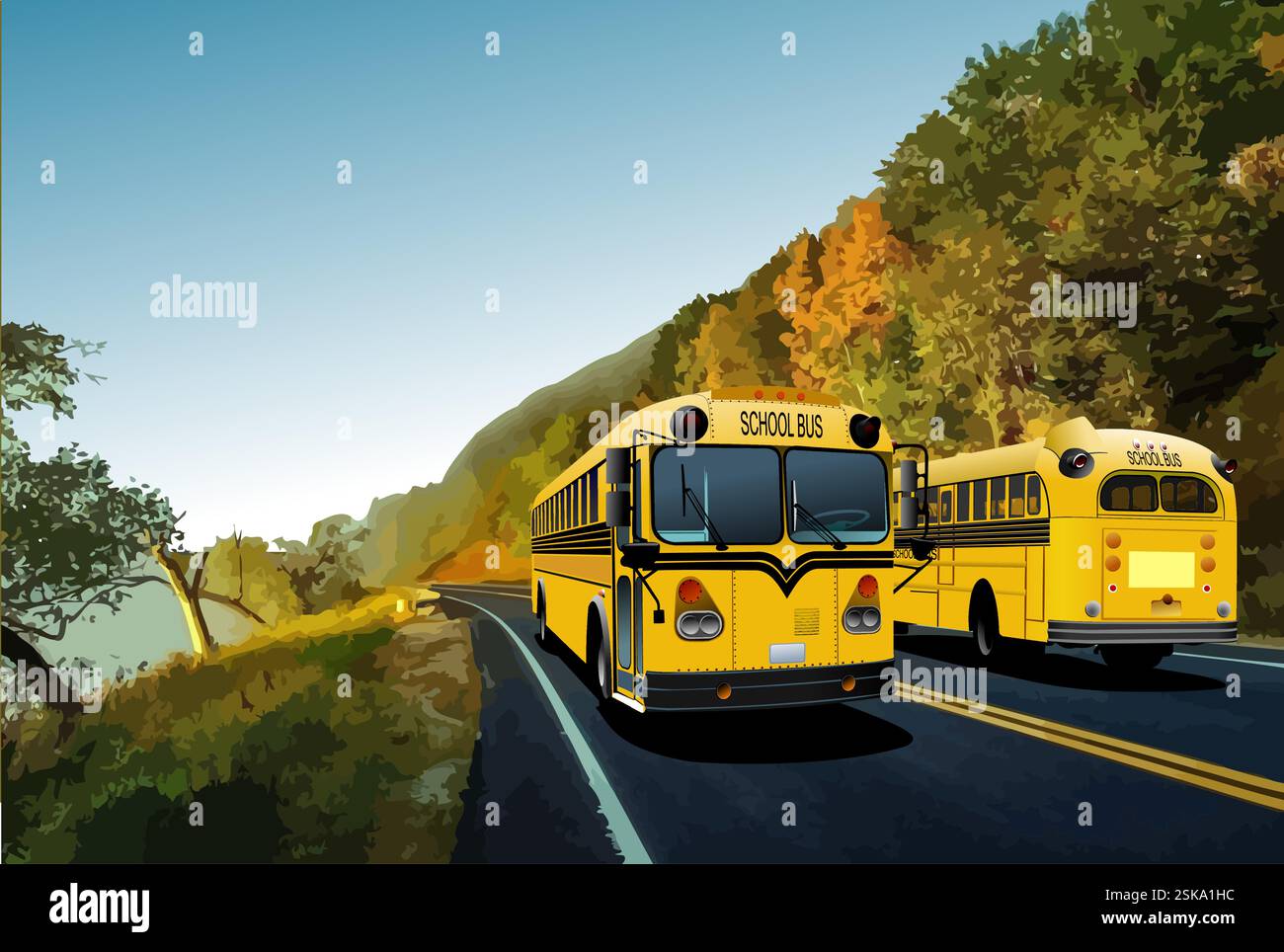 Two school buses on the road. Back to school. Hand drawn Vector 3d ...