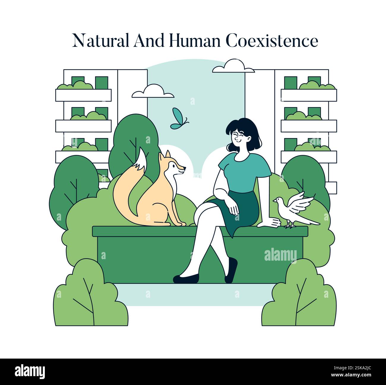 Natural and human coexistence concept. The illustration captures the ...