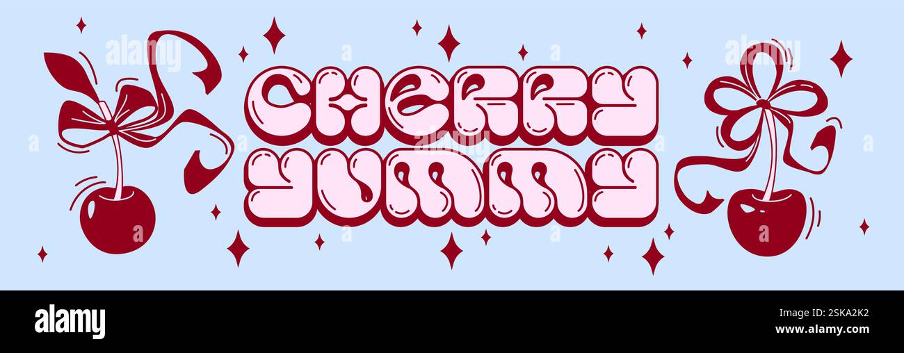 Monochrome red cherry print composition with lettering and decorative ...