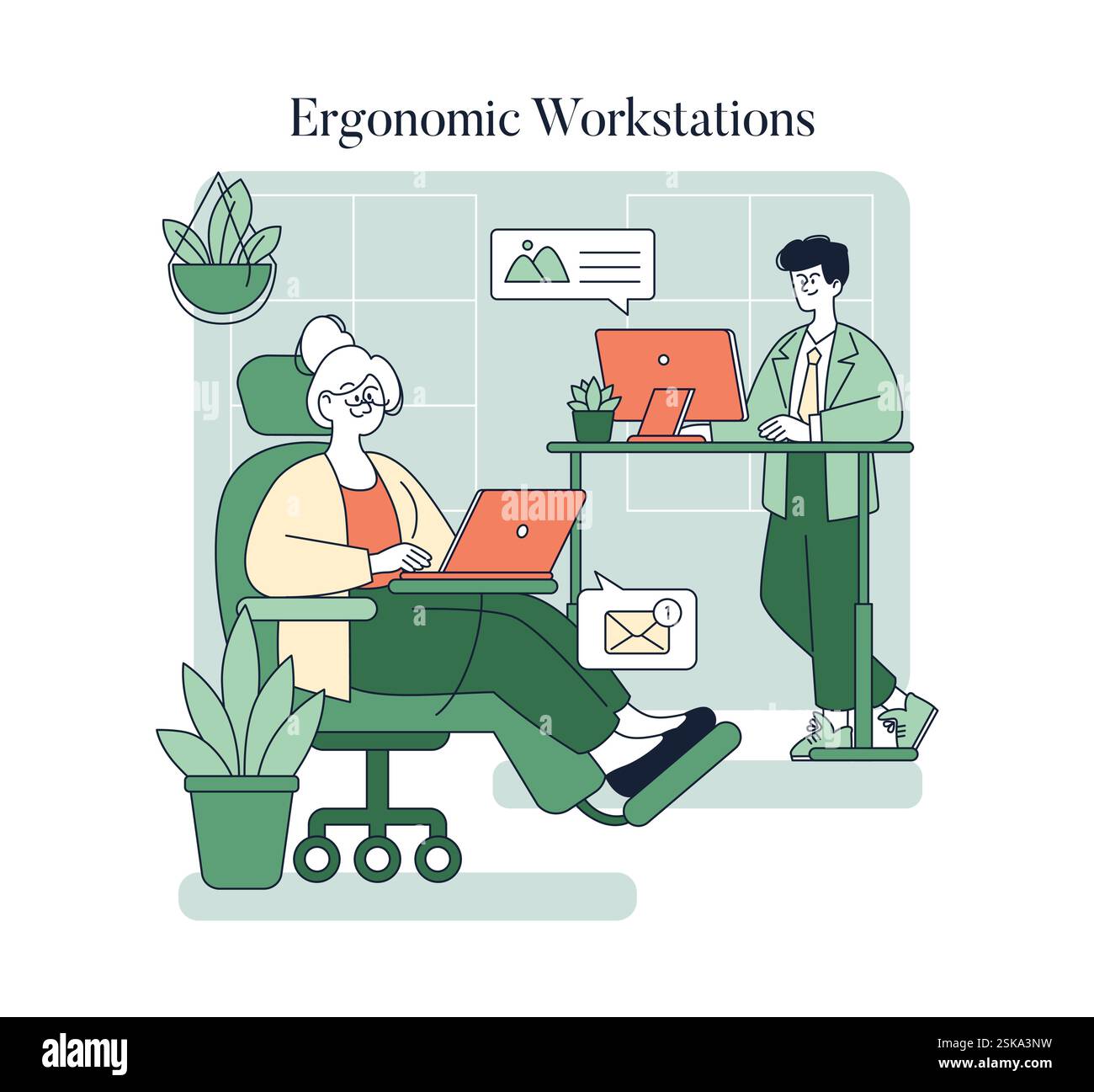 Ergonomic Workstations concept. Illustration of modern workspaces ...
