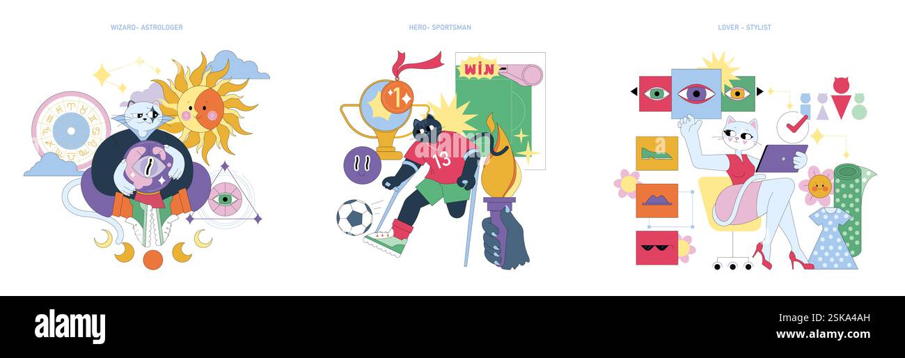 Illustration set representing the 12 Archetypes through three ...