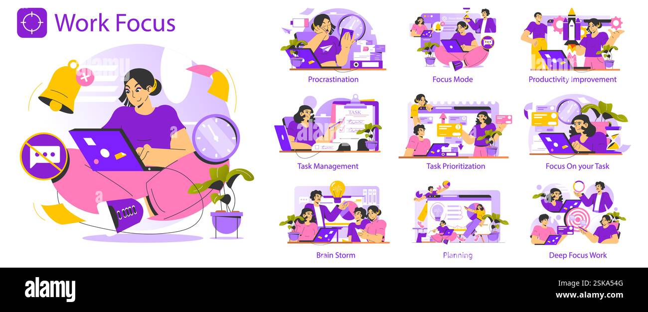 Work focus illustration describes strategies for enhancing productivity ...