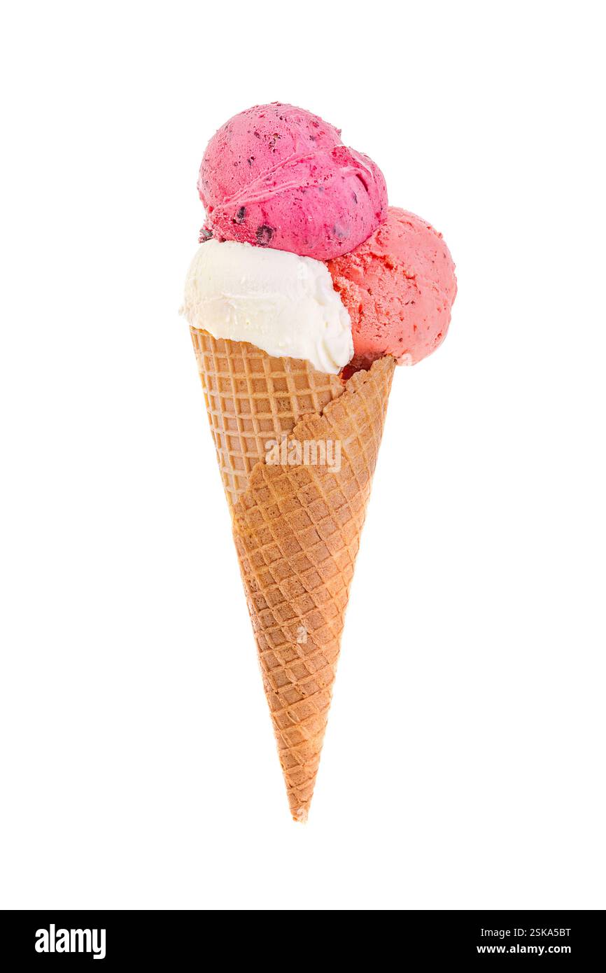 Colorful ice cream cone with three delicious scoops in a waffle cone ...